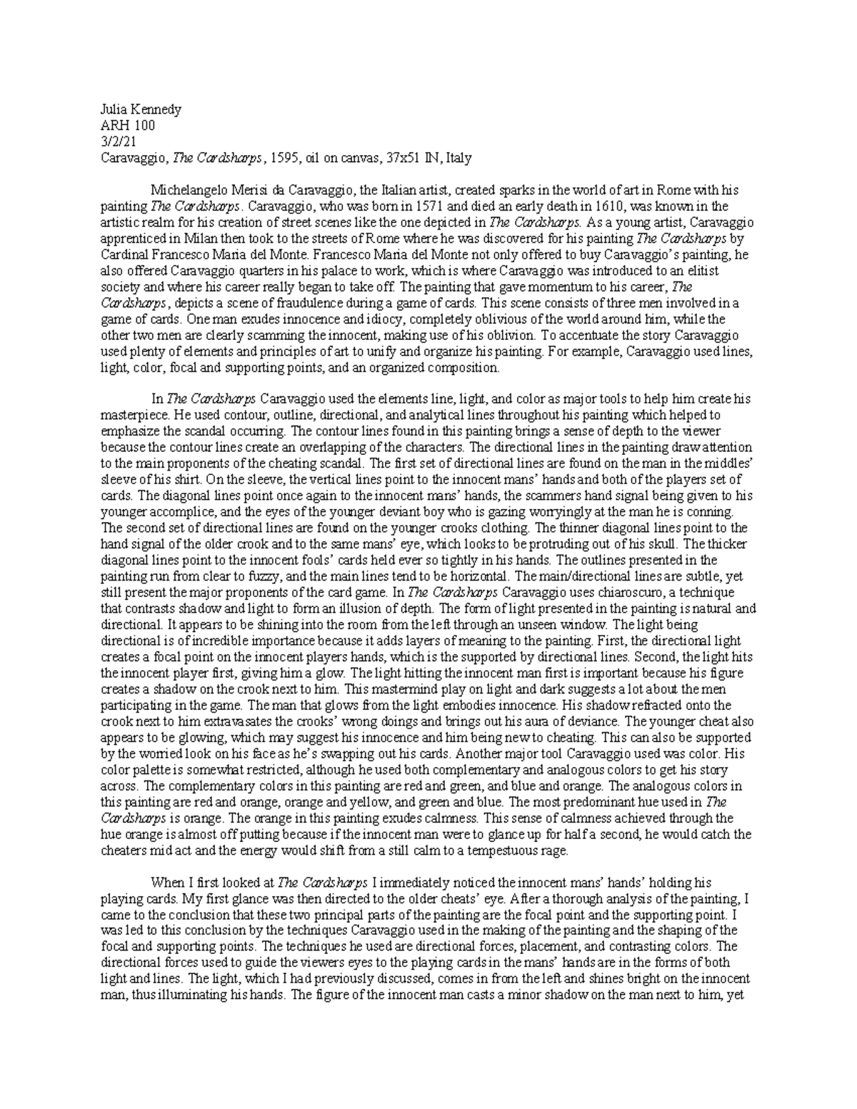 Formal analysis paper - arh100 - Julia Kennedy ARH 100 3/2/ Caravaggio, The Cardsharps , 1595 ...