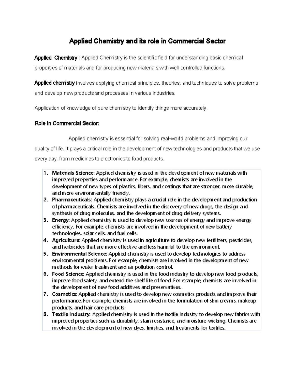 Applied Chemistry and its role in Commercial Sector - Applied chemistry ...