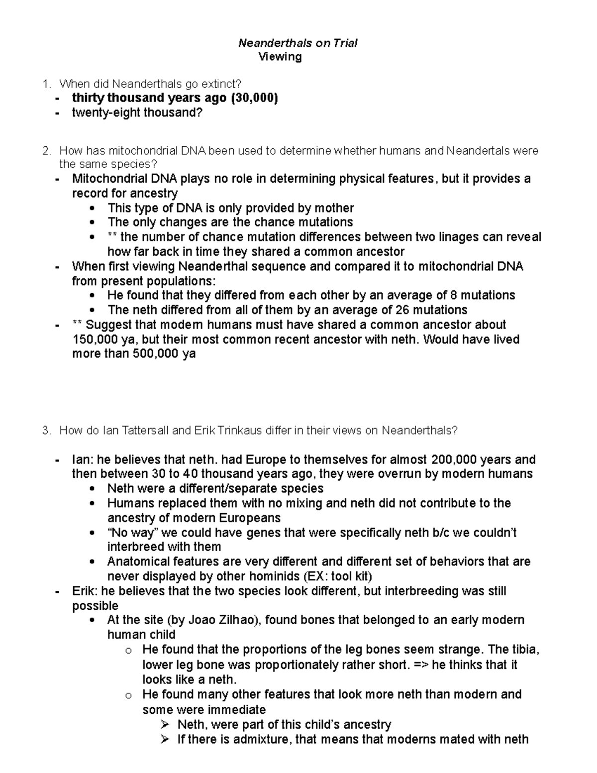 Section 3 Viewing Guide - Neanderthals on Trial Viewing When did ...
