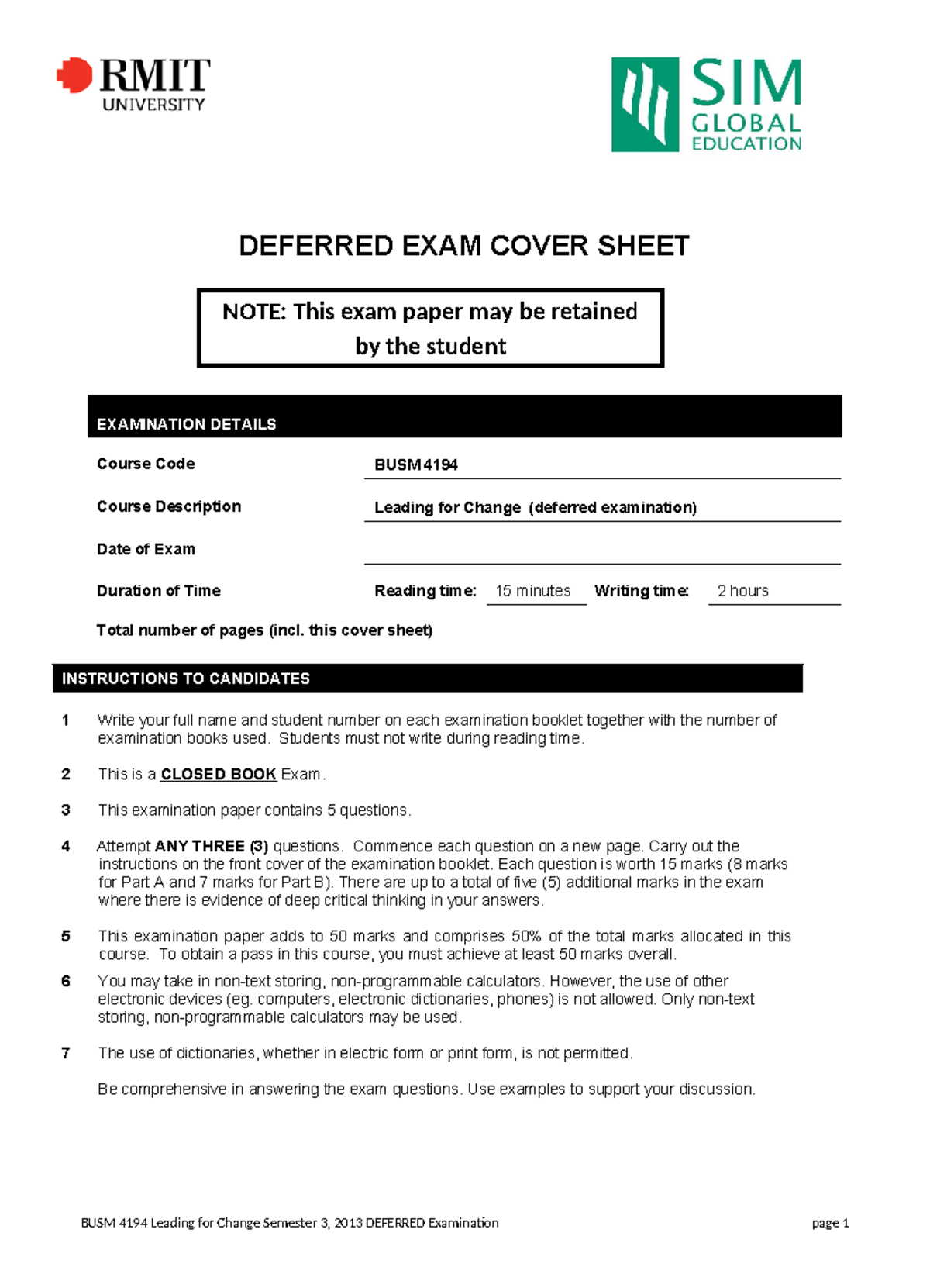 BUSM 4194 Leading for Change exam Deferred s3 2013 - DEFERRED EXAM ...