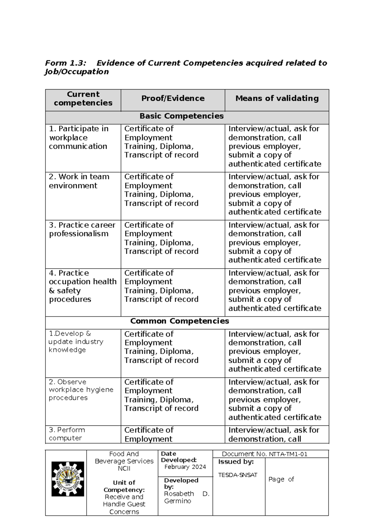 Evidences of Current competencies - Participate in workplace ...