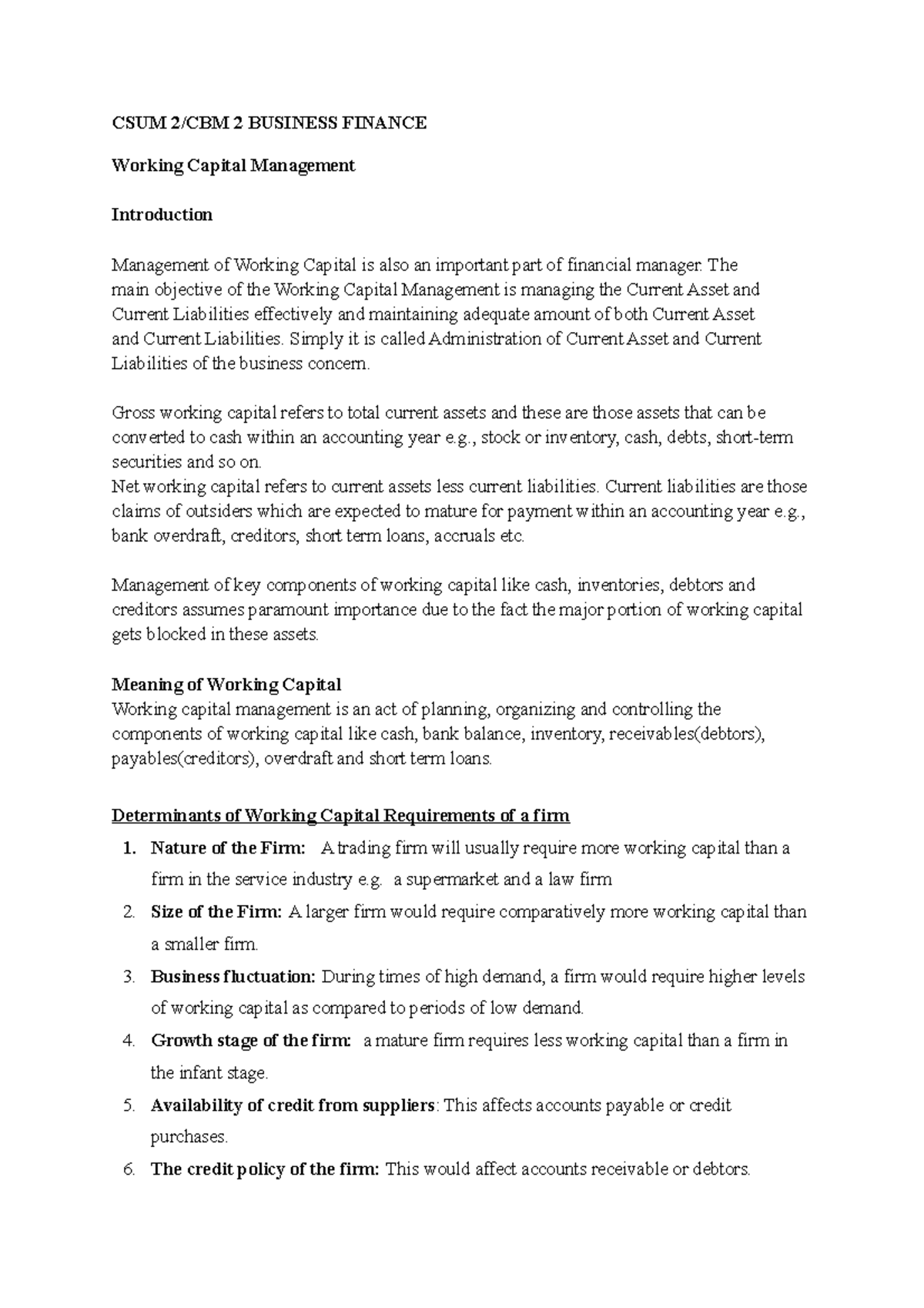 CSUM 2 Working Capital Management - CSUM 2/CBM 2 BUSINESS FINANCE Working Capital Management ...