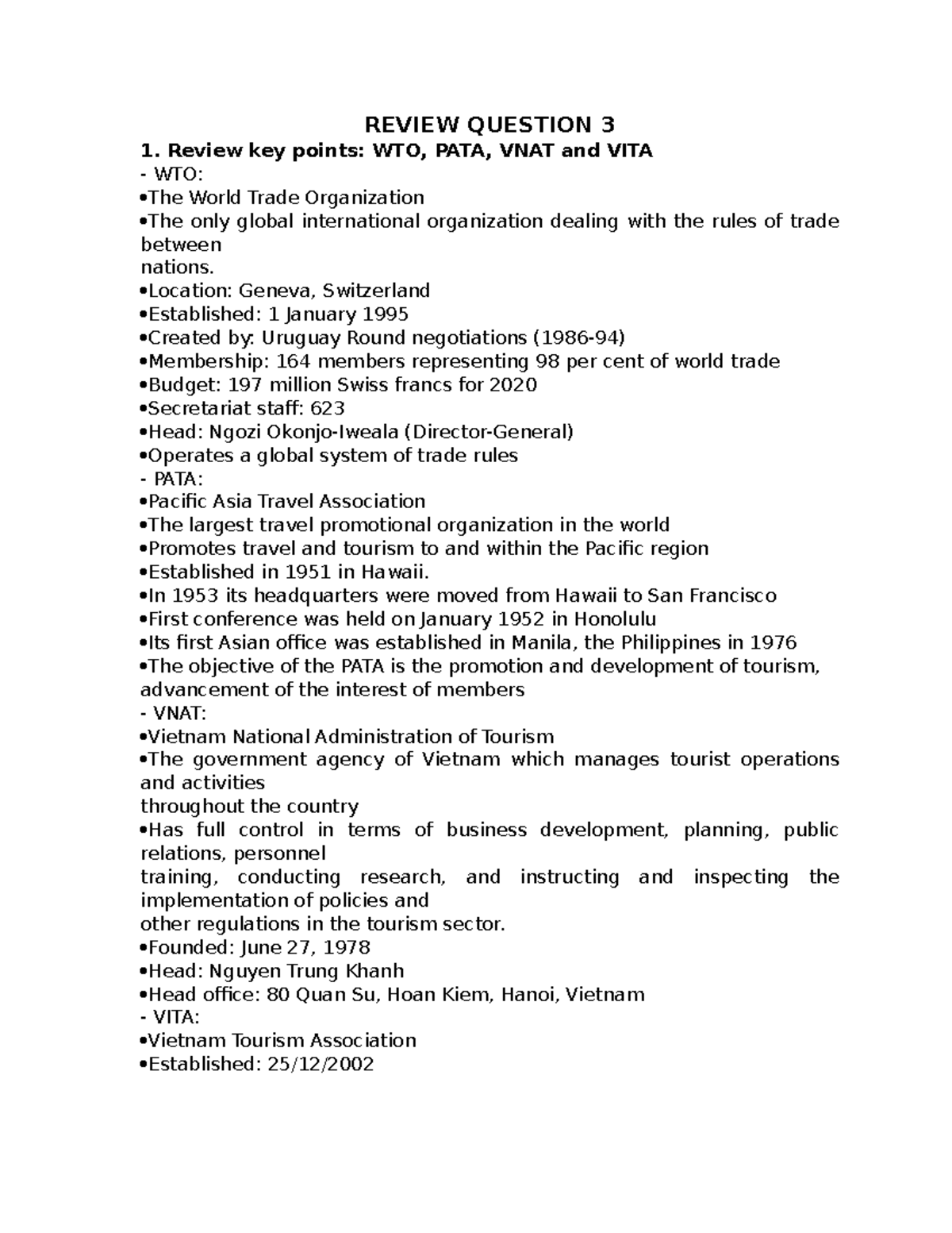 Review Question 3 - abc - REVIEW QUESTION 3 Review key points: WTO ...