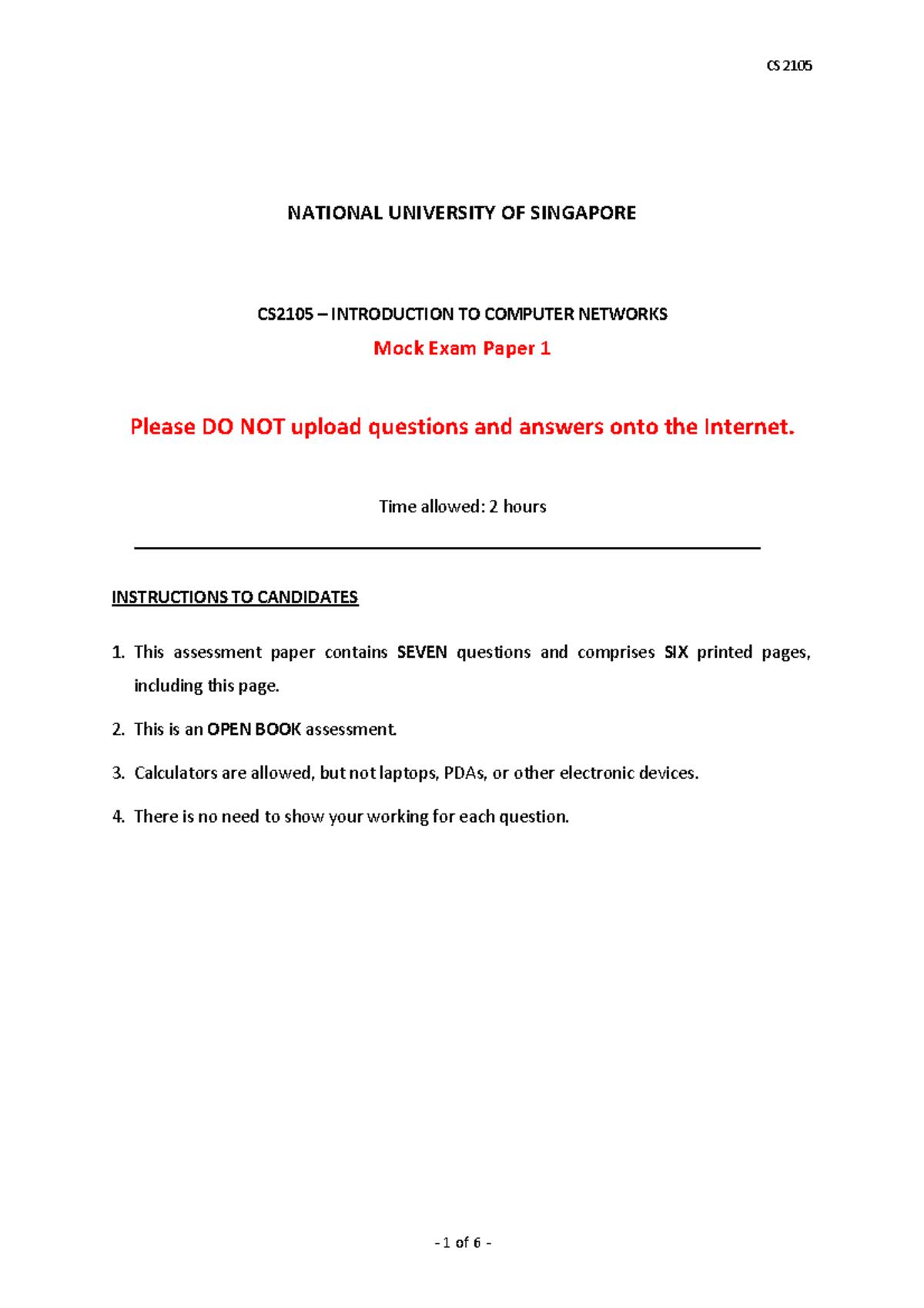 CS2105 Midterm Mock 1 Questions - NATIONAL UNIVERSITY OF SINGAPORE CS 2105 – INTRODUCTION TO ...