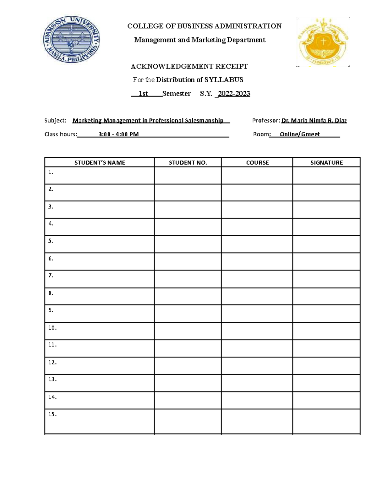 HM Acknowledgement- Receipt-OF- Syllabus-Receiving-copy - COLLEGE OF ...