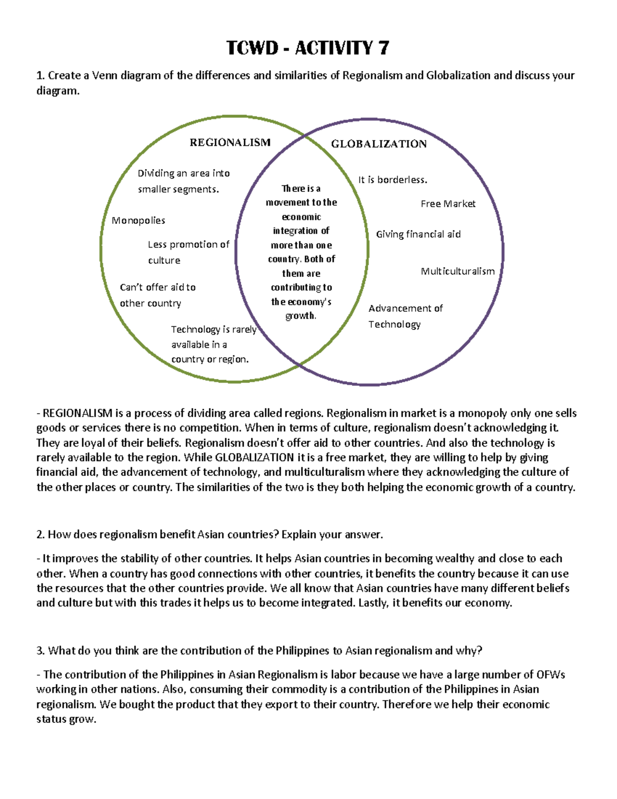 TCWD - Regionalism and Globalization - TCWD - ACTIVITY 7 1. Create a ...