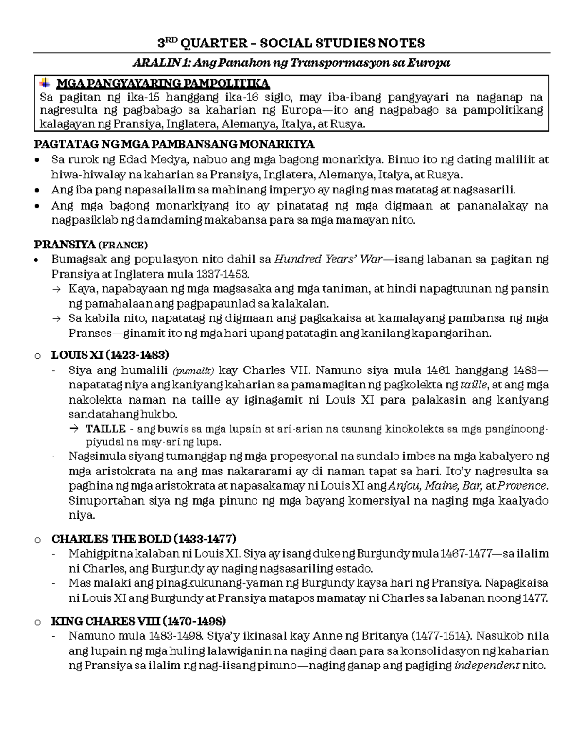 3RD Quarter Social Studies Notes - 3 RD QUARTER – SOCIAL STUDIES NOTES ...