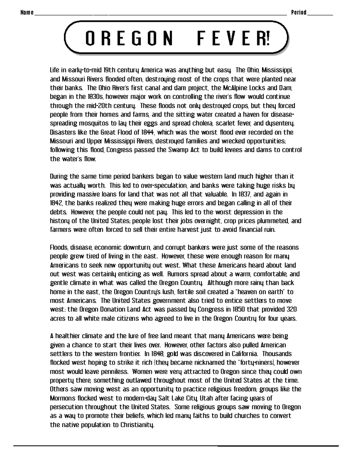 Oregon Fever Handout - Life in early-to-mid 19th century America was ...