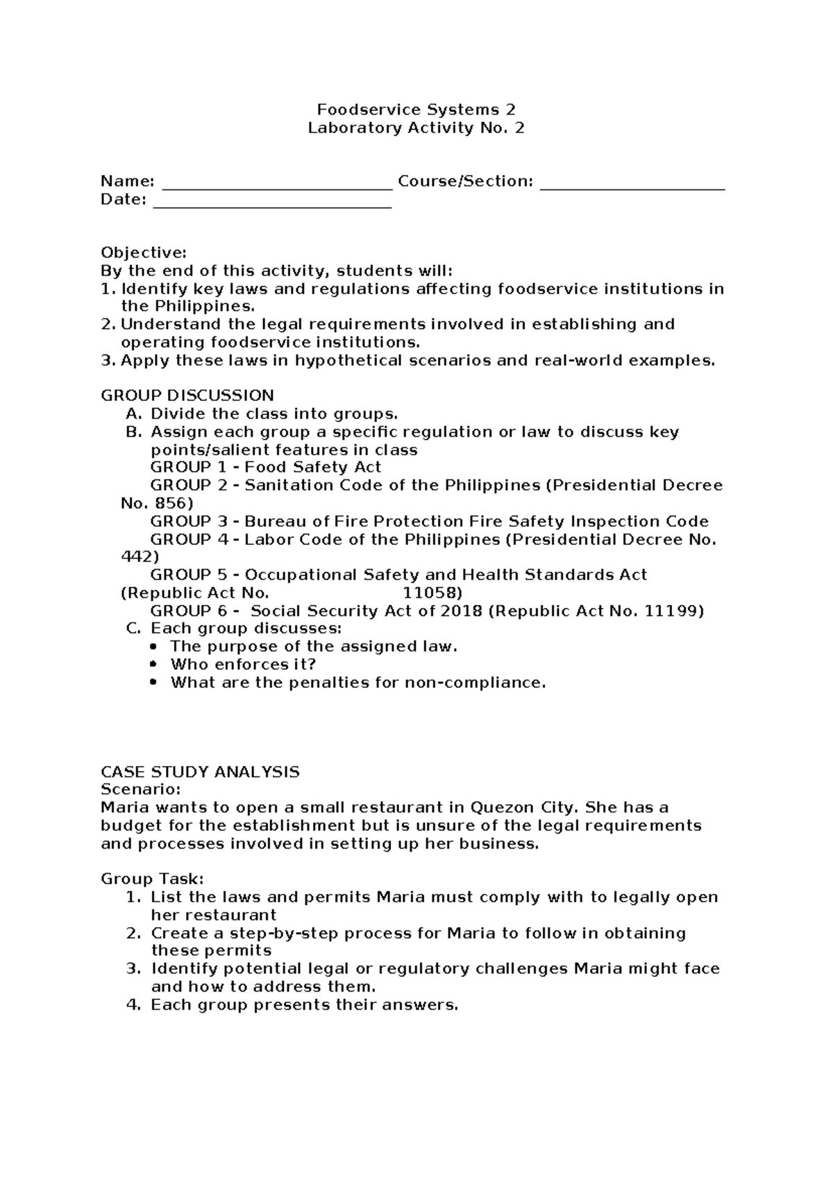 FSS Lab Activity No. 2 - assessment - Foodservice Systems 2 Laboratory ...