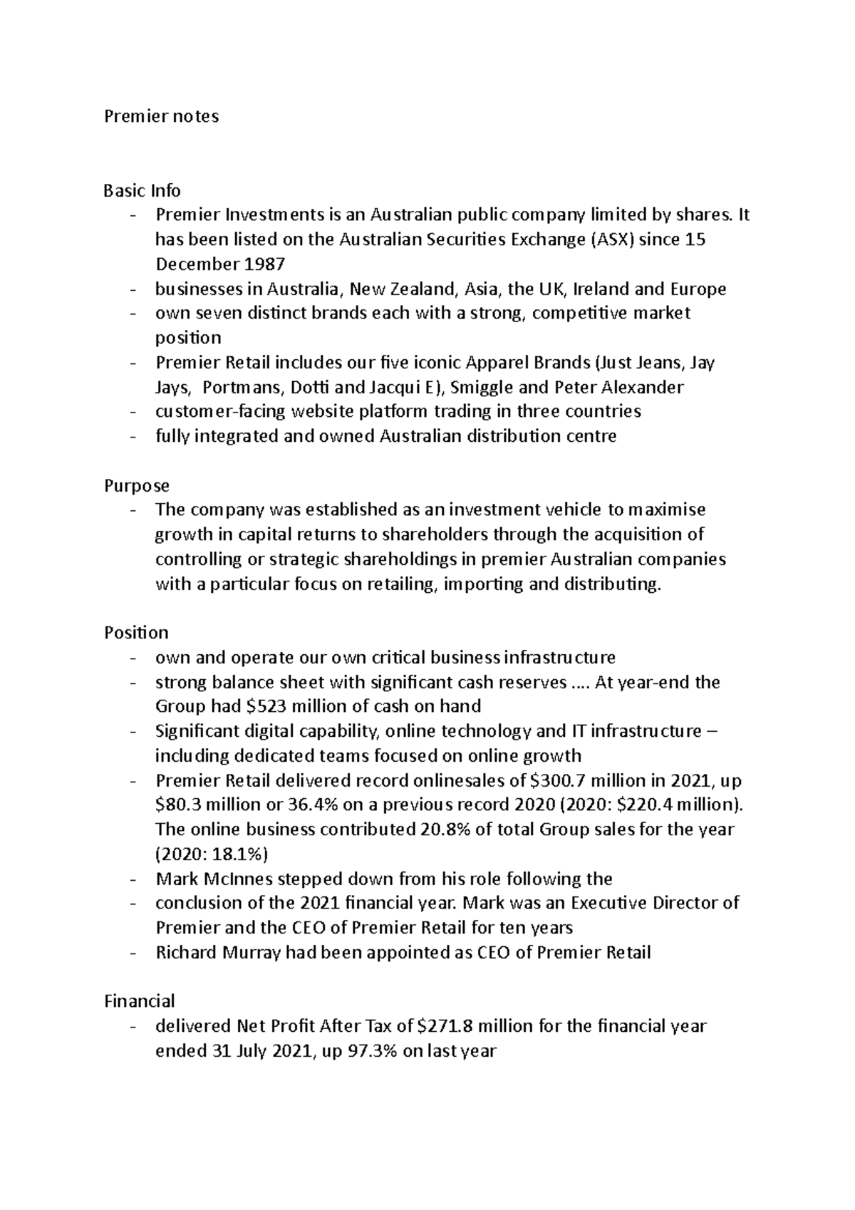 Notes - Premier notes Basic Info - Premier Investments is an Australian ...