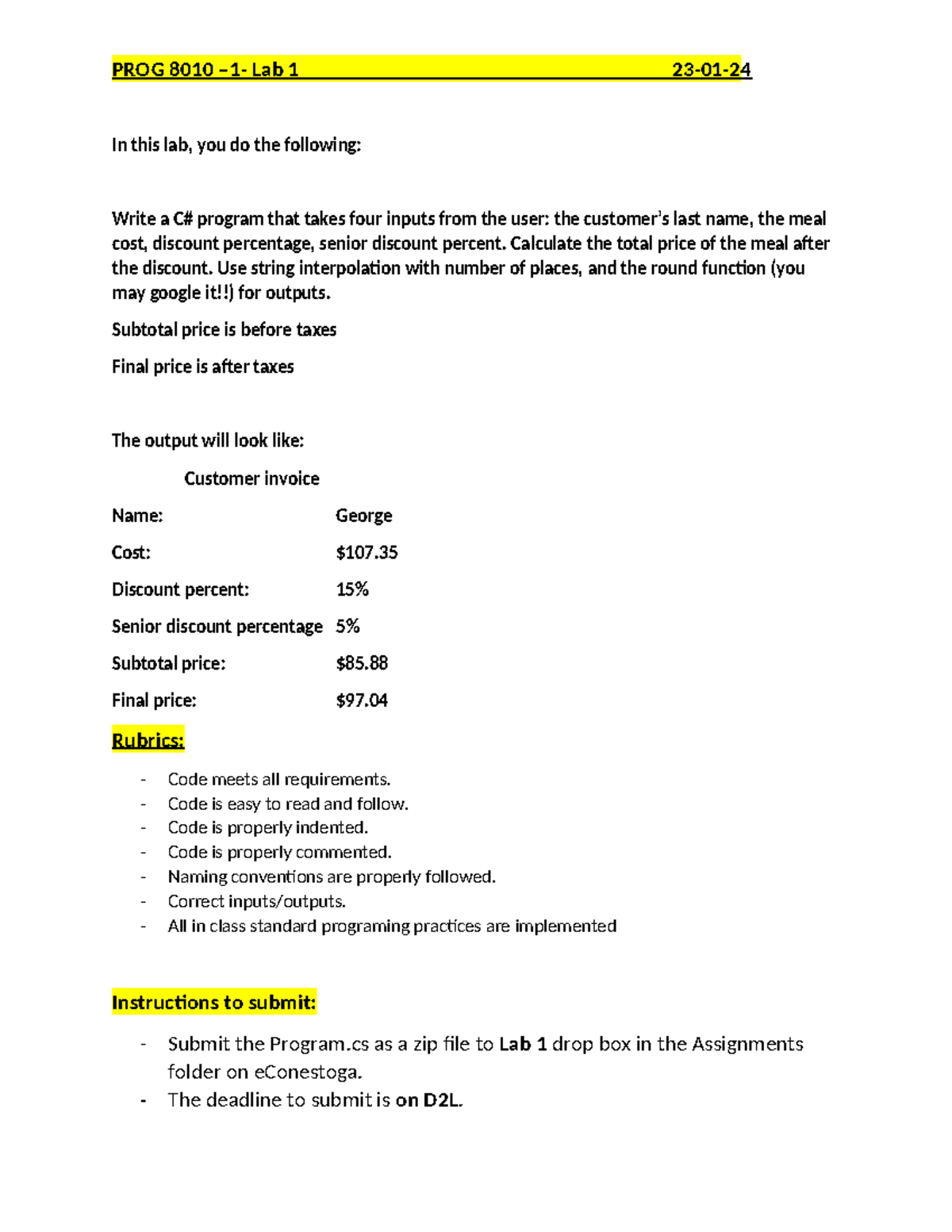 PROG8011-1- lab 1-W24 - jytuj - PROG 8010 –1- Lab 1 23-01-2 4 In this ...