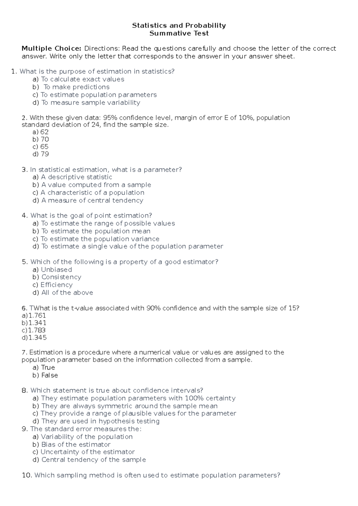 Estimate and Parameter - Statistics and Probability Summative Test ...