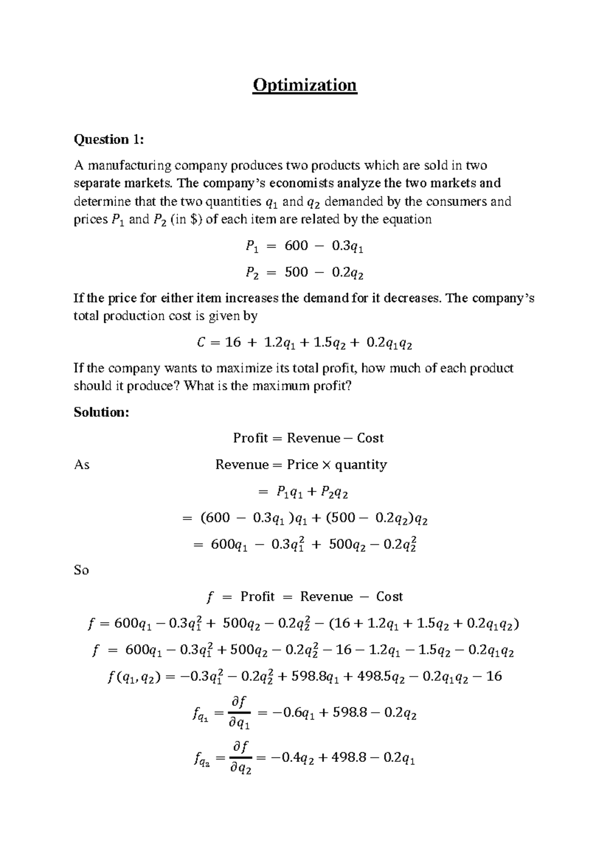 Lec 21 Optimization Word Problems - Optimization Question 1 : A manufacturing company produces ...