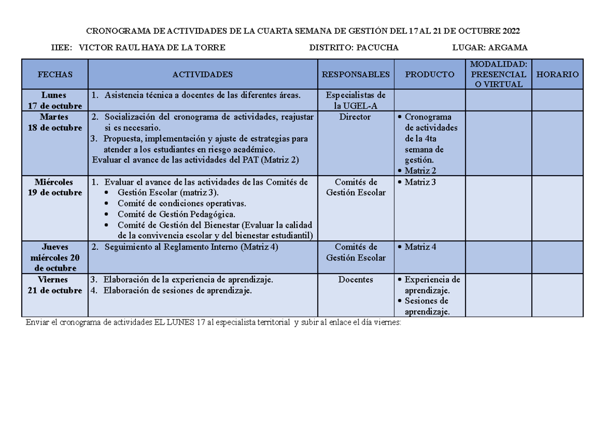 RUTA DE Trabajo Cuarta Semana DR Gestión - CRONOGRAMA DE ACTIVIDADES DE LA CUARTA SEMANA DE ...