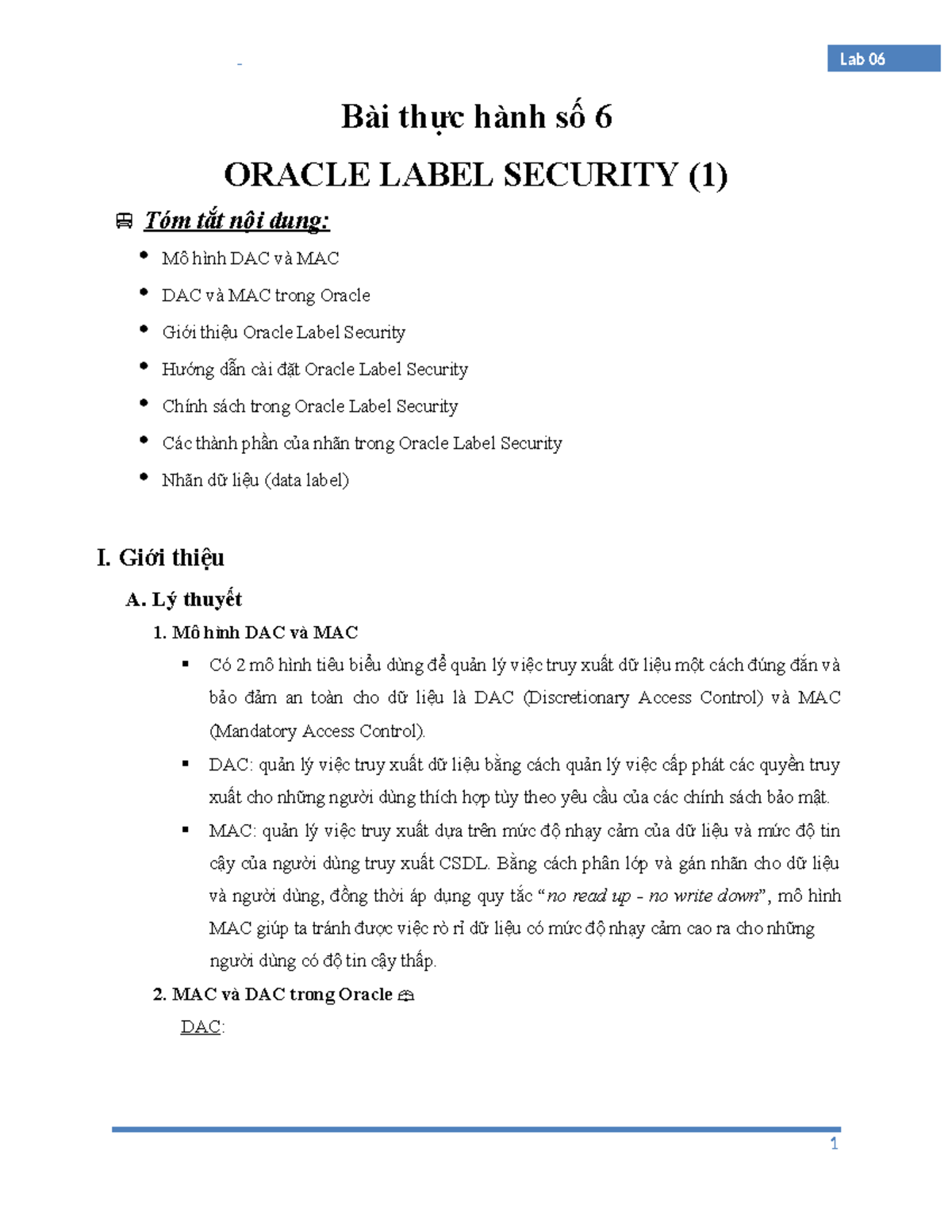 06 Oracle Label Security - Bài thực hành số 6 ORACLE LABEL SECURITY (1 ...