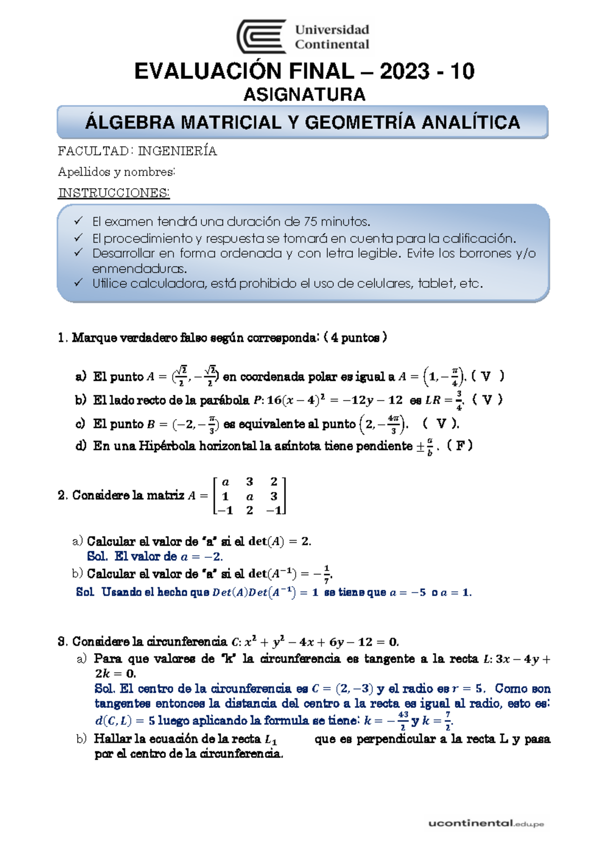 P EF AMGA solucionario - examen de algebra matricial - EVALUACIÓN FINAL – 2023 - 10 ASIGNATURA ...