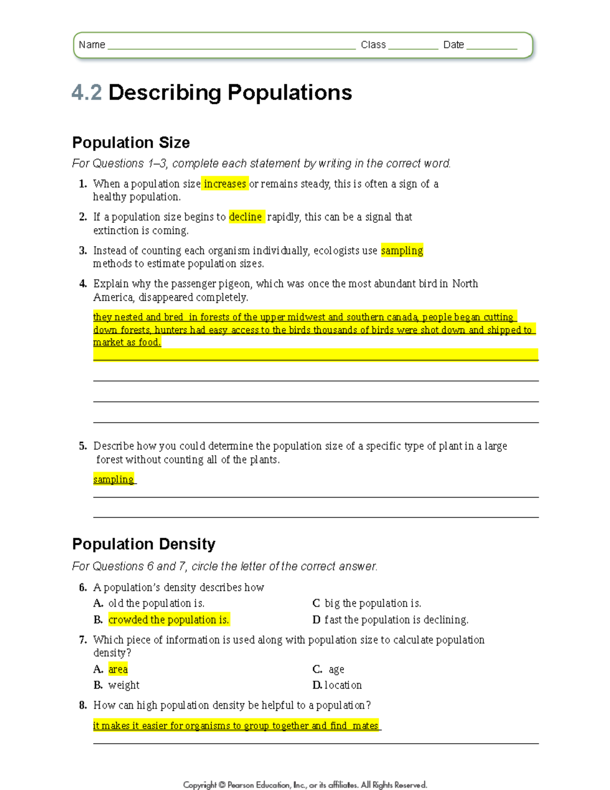 4.2 WB - workbook pages - Name Class Date 4 Describing Populations ...