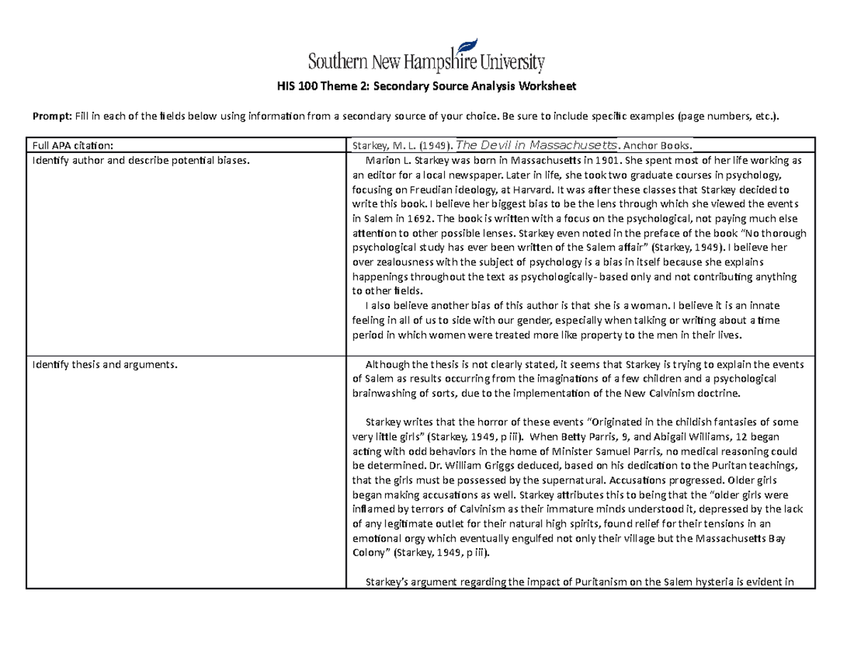Secondary Source Analysis - Be sure to include speciic examples (page ...