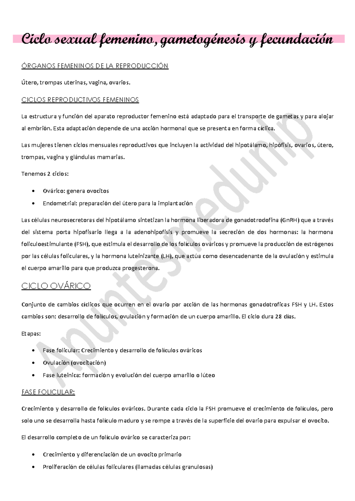 Ciclo sexual femenino, gametogenesis y fecundacion - Ciclo sexual femenino, gametogénesis y ...