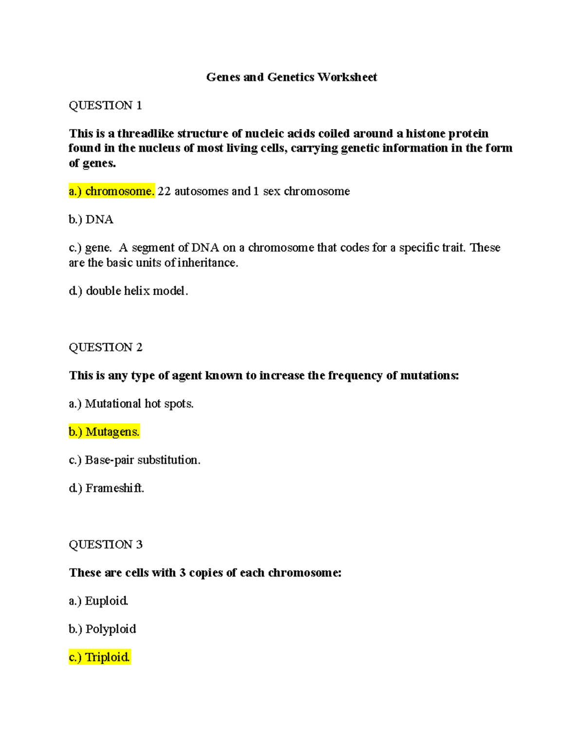 Genes and Genetics Worksheet - Genes and Genetics Worksheet QUESTION 1 ...
