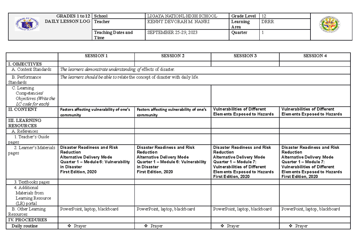 Grade 12 DRRM week 3,2 - DAILY LESSON LOG FOR DRRR FIRST QUARTER WEEK 3 ...