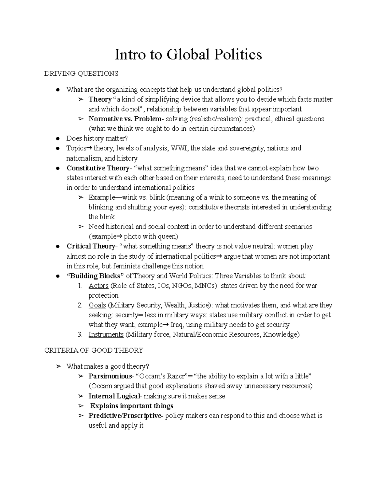 Politicalscience2I03Lecturenotes - Intro to Global Politics DRIVING ...