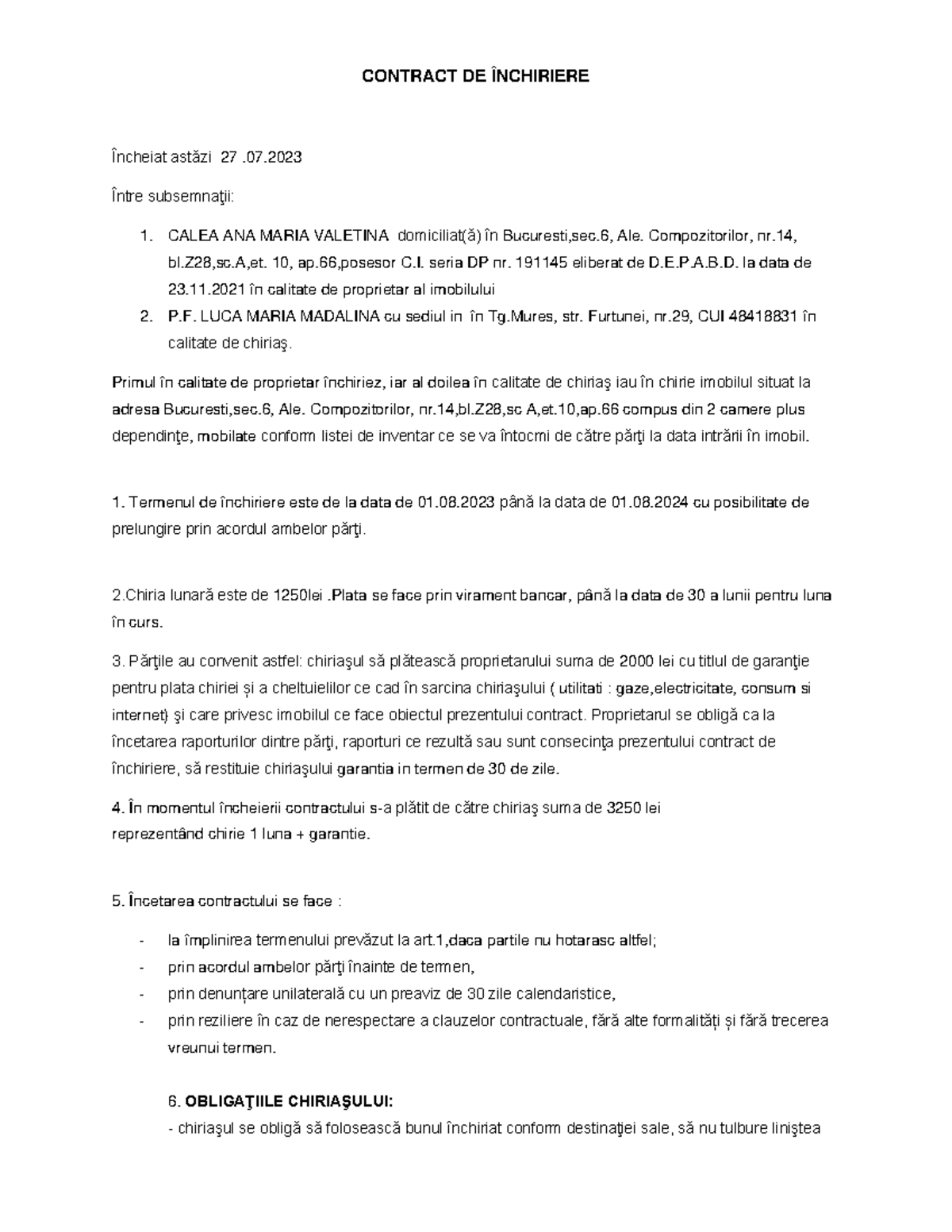 Contract-închiriere - CONTRACT DE ÎNCHIRIERE Încheiat astăzi 27 .07 ...