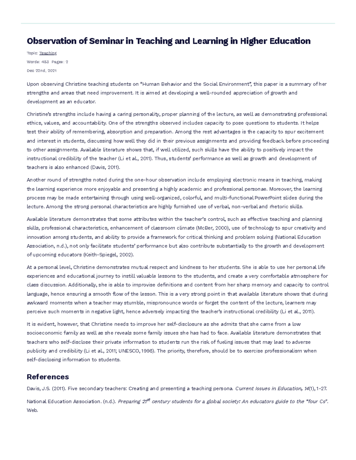 Observation Of Seminar In Teaching And Learning In Higher Education