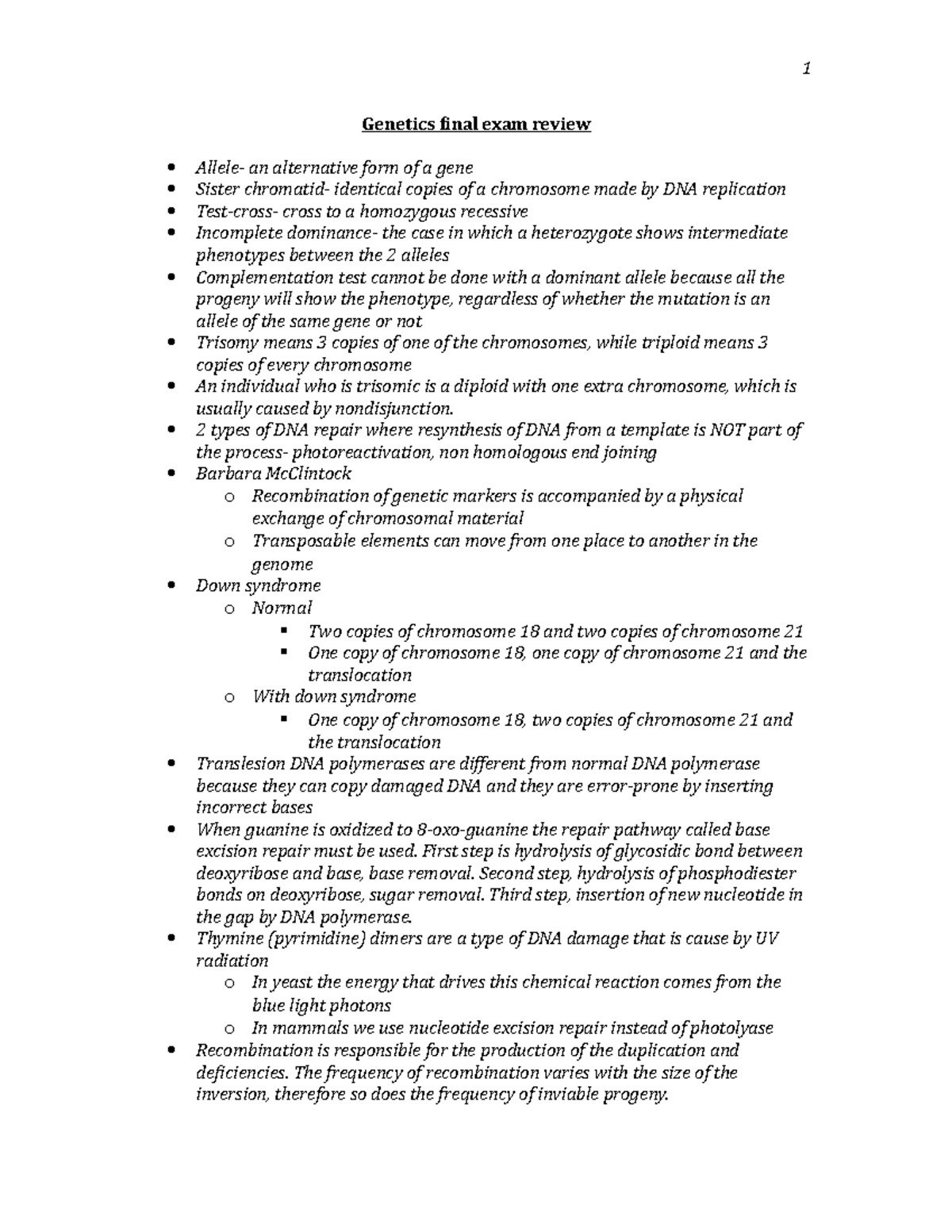 Genetics final exam review - 2 types of DNA repair where resynthesis of ...