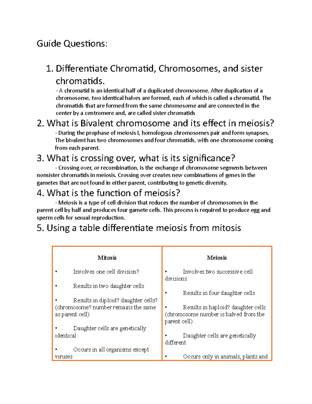Chromatids - chromosomes, sister chromosomes, etc. - Guide Questions: 1 ...