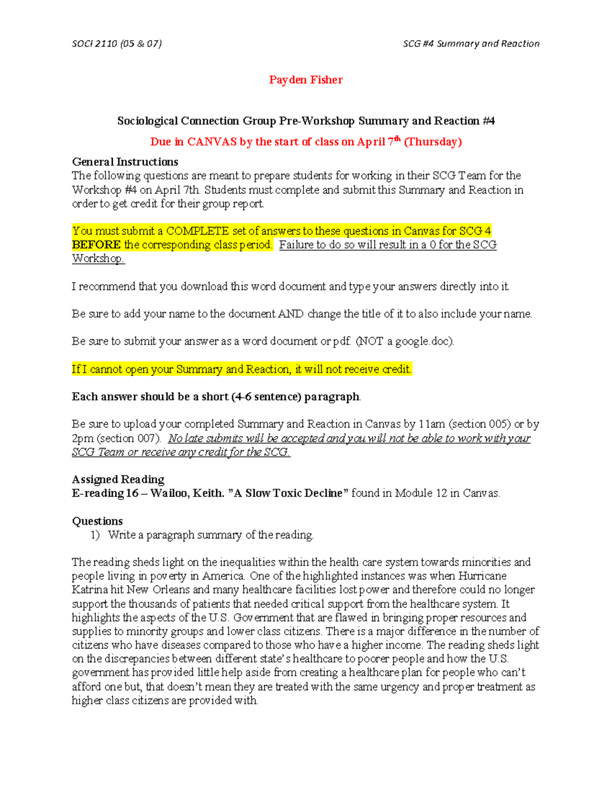 Payden - summary and reaction - SOCI 2110 (05 & 07) SCG #4 Summary and ...