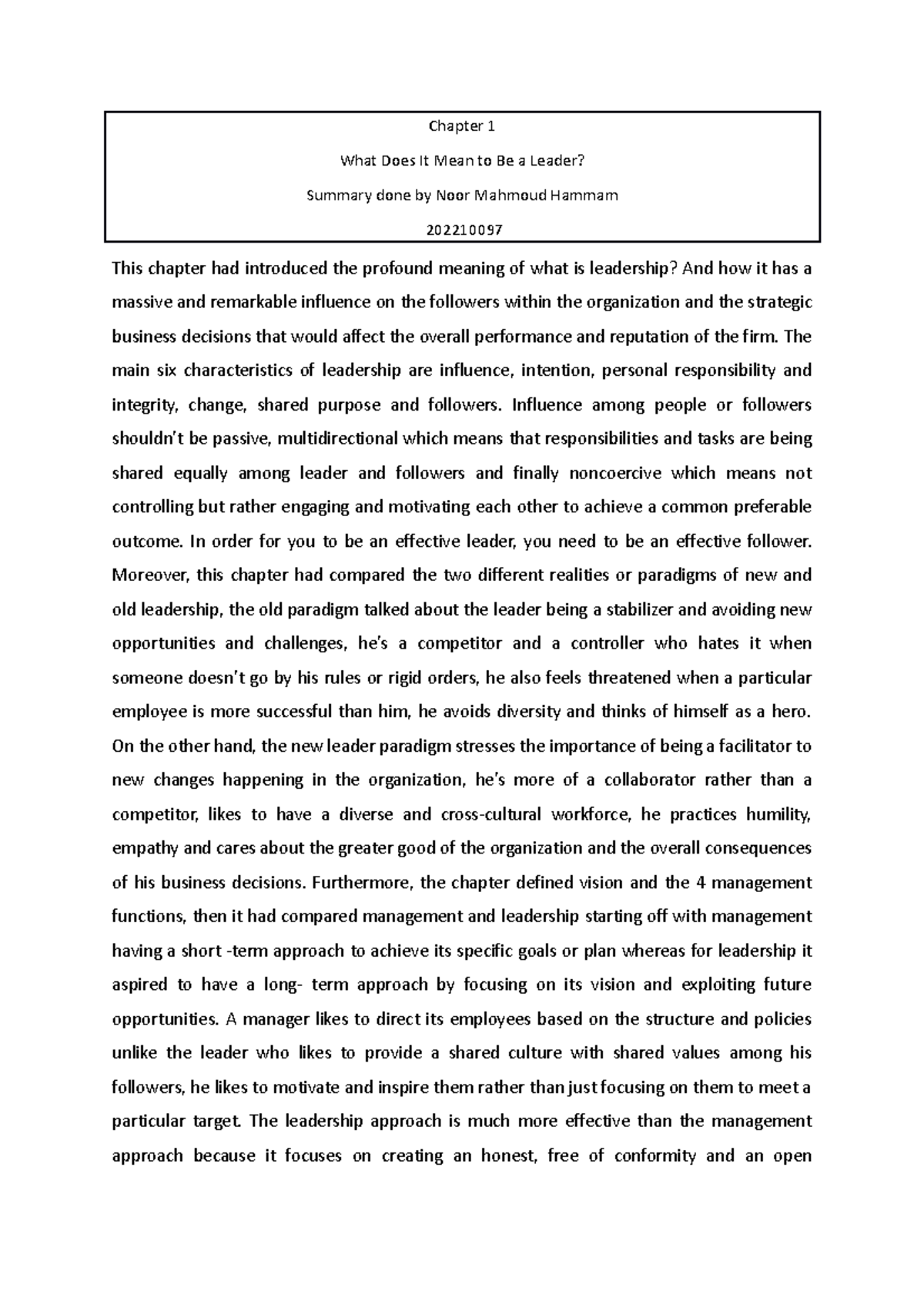 Chapter 1 leadership summary - Chapter 1 What Does It Mean to Be a ...