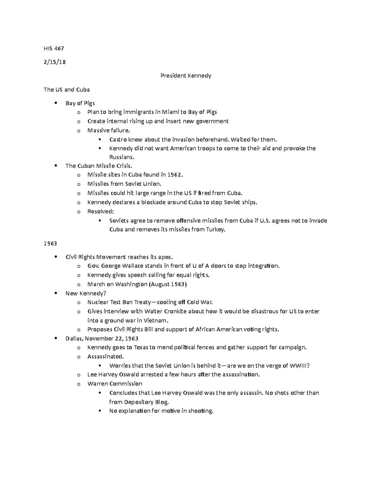 Feb 15-JFK - Lecture notes 1 - HIS 467 2/15/18 President Kennedy The US ...