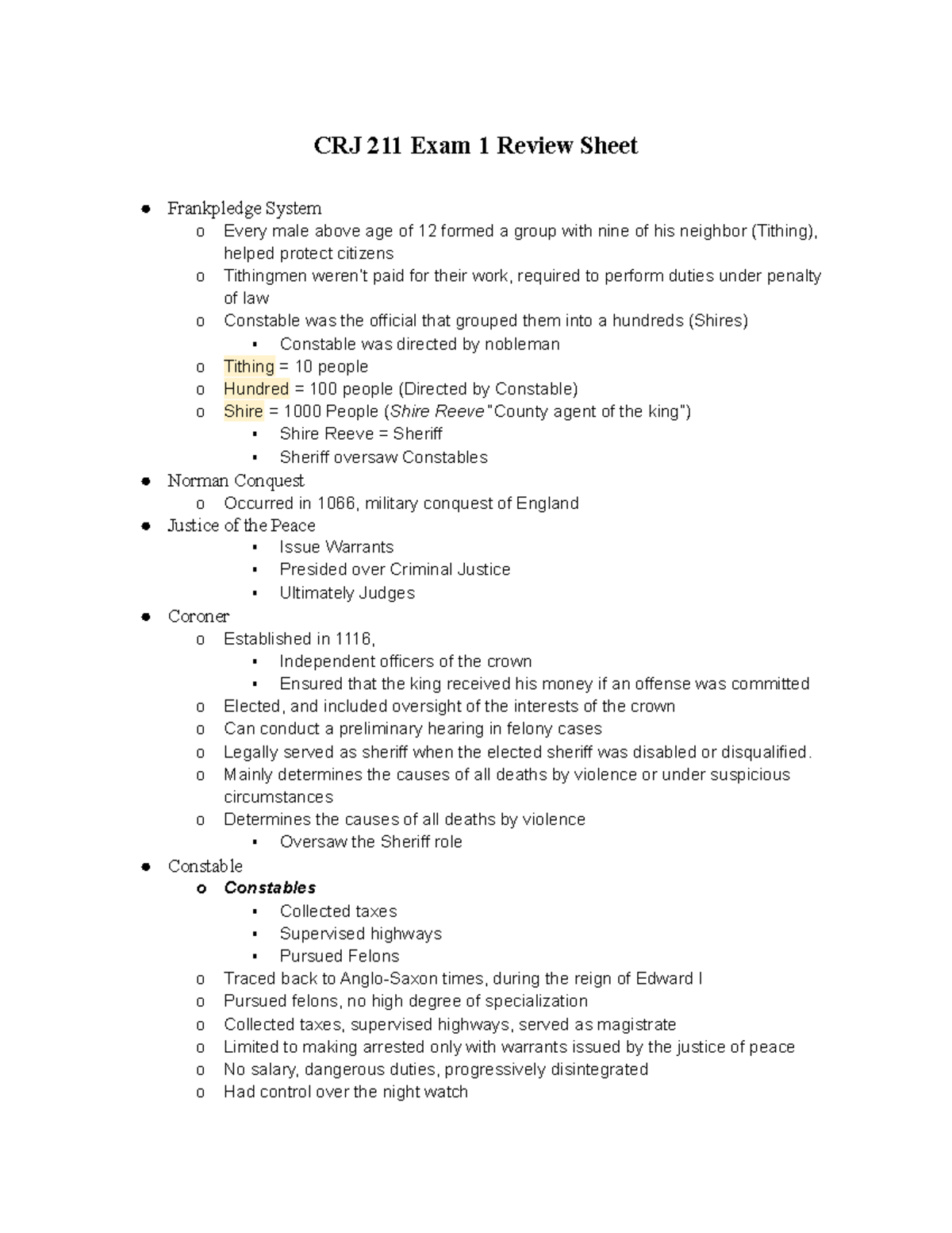 CRJ 211 Exam 1 Review Sheet-2 - CRJ 211 Exam 1 Review Sheet Frankpledge ...
