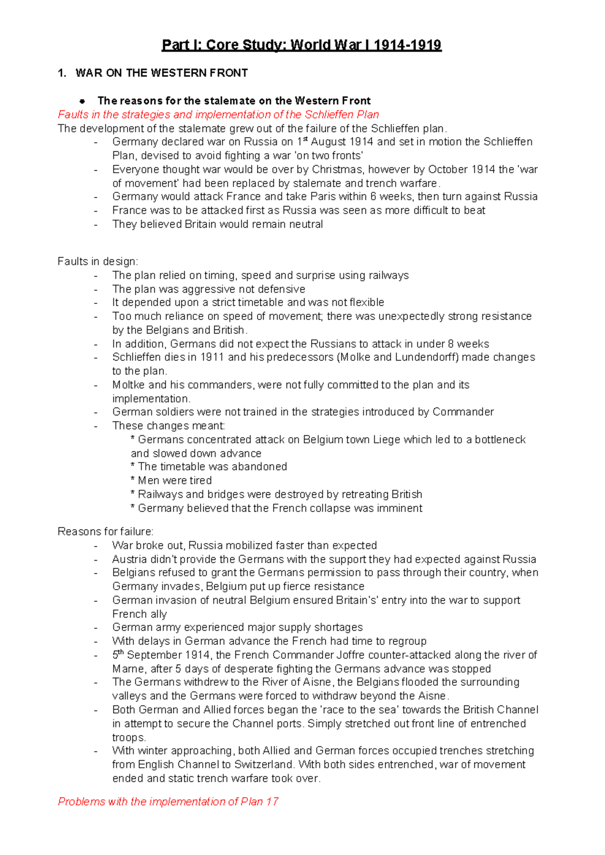 WW1 Notes - Part I: Core Study: World War I 1914- 1. WAR ON THE WESTERN ...