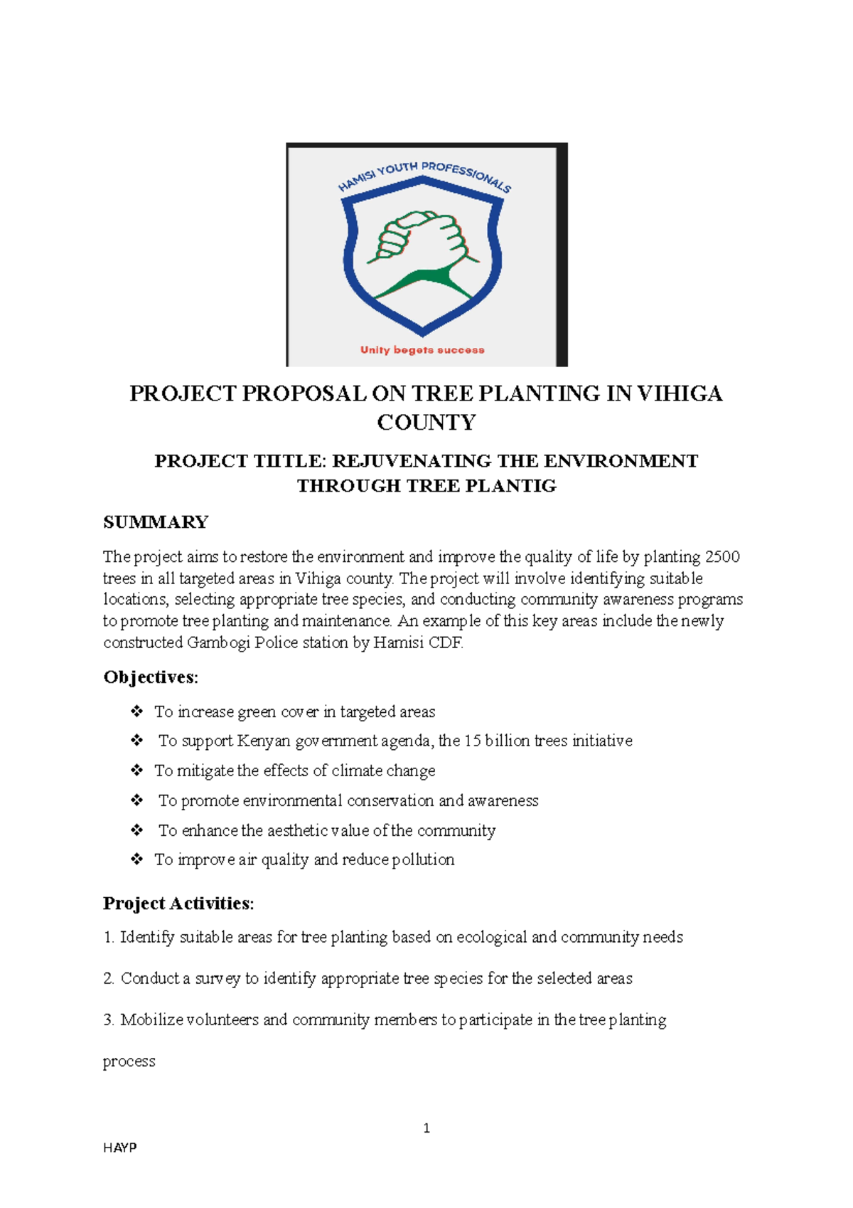 HAYP Proposal New 1-1 - PROJECT PROPOSAL ON TREE PLANTING IN VIHIGA ...