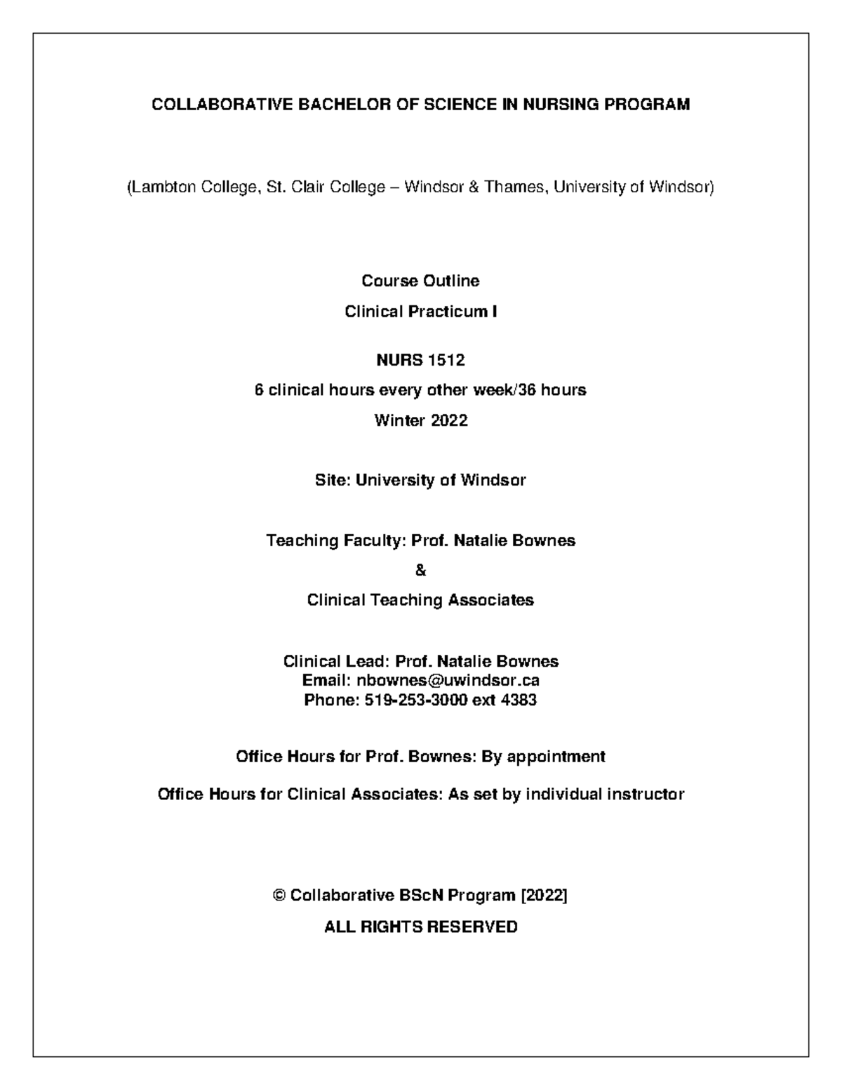 NURS 1512 Course Outline Winter 2022 - COLLABORATIVE BACHELOR OF ...