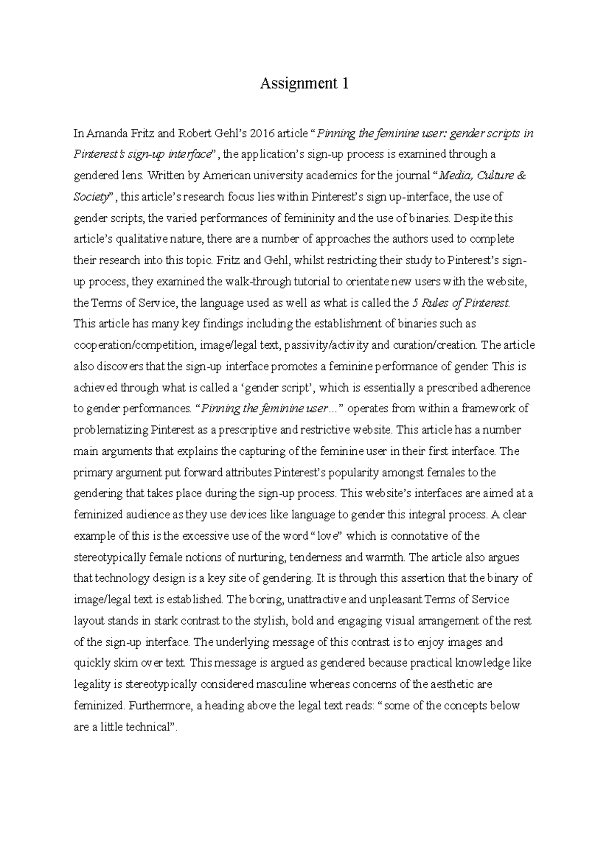 Assignment 1 - Gender theory in social media. - Assignment 1 In Amanda ...