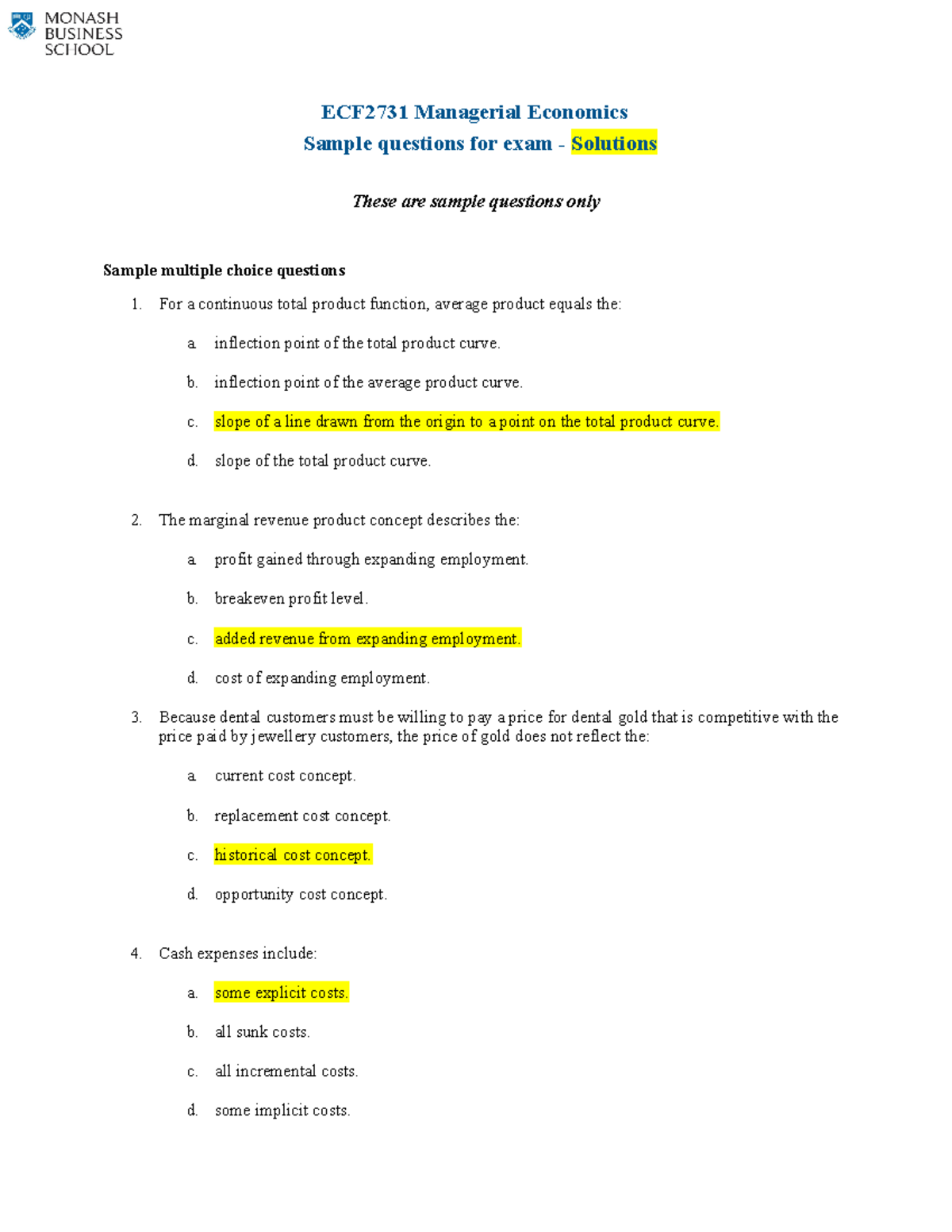Sample Questions for Exam - Solutions - ECF2731 Managerial Economics ...
