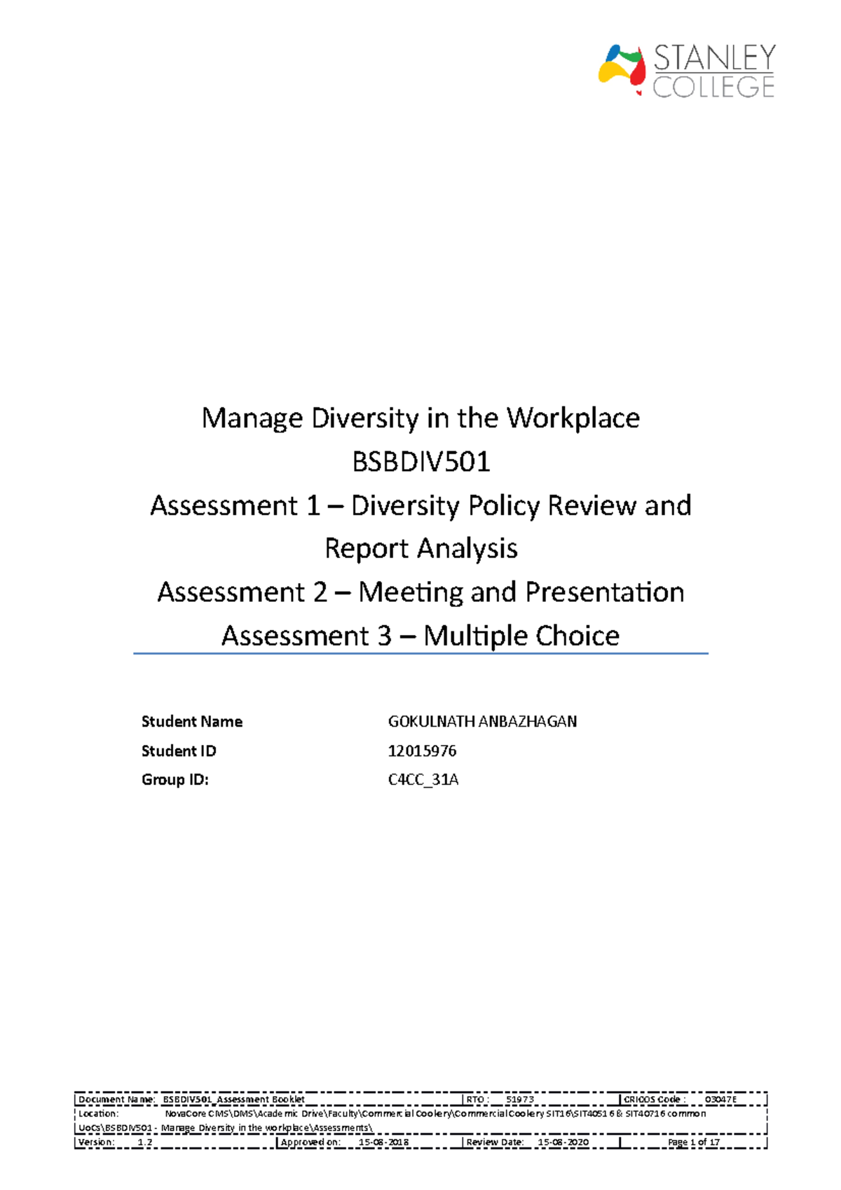 Bsbdiv 501 Assessment Booklet - Document Name: BSBDIV501_Assessment Booklet RTO : 51973 CRICOS ...