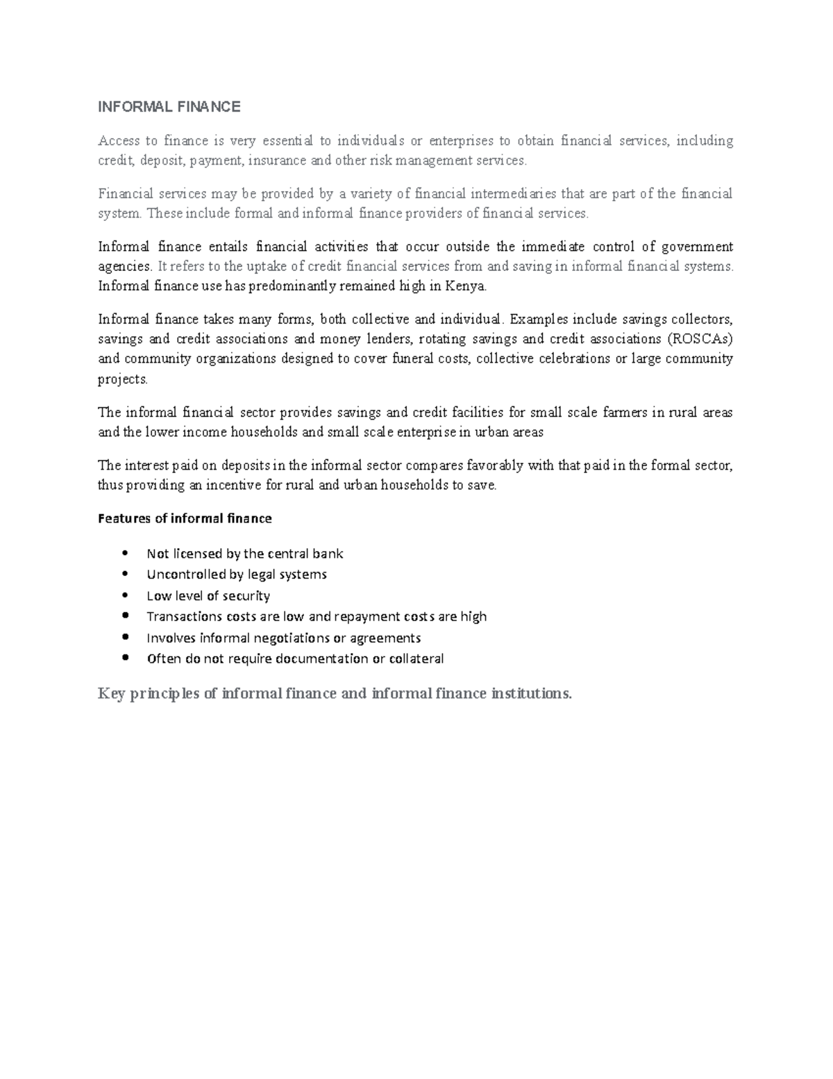 Informal Finance Notes - INFORMAL FINANCE Access to finance is very ...