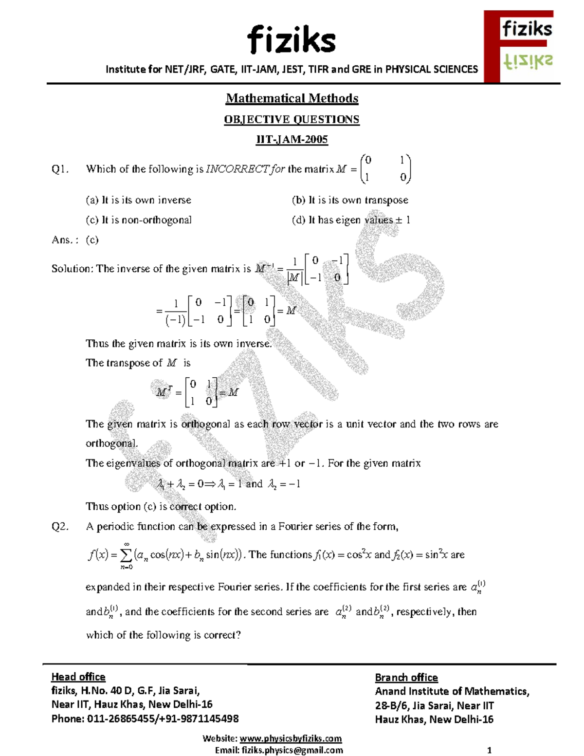 1.Mathematical Methods IIT-JAM - Institute for NET/JRF, GATE, IIT‐JAM, JEST, TIFR and GRE in ...