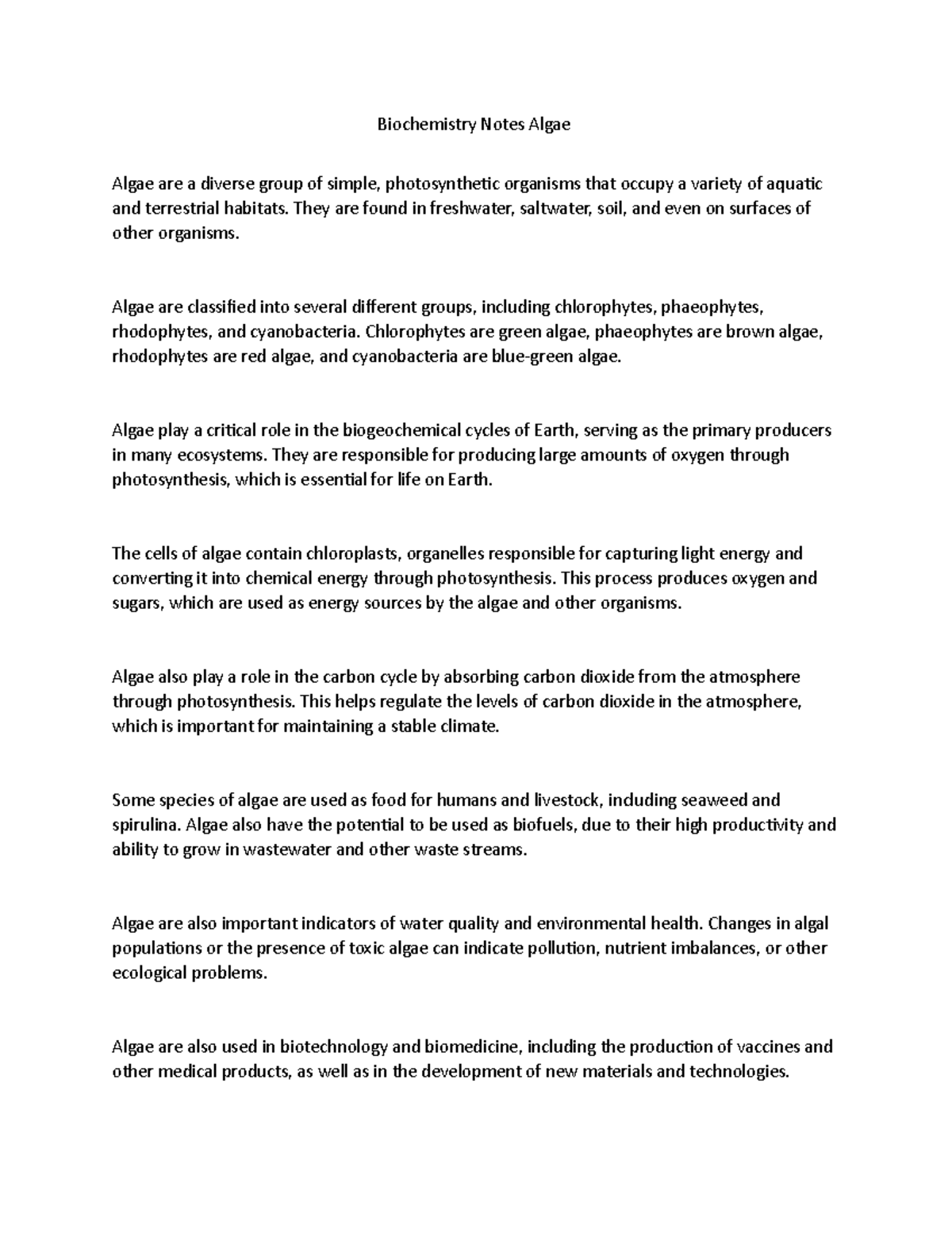 Biochemistry Notes Algae - Biochemistry Notes Algae Algae are a diverse ...
