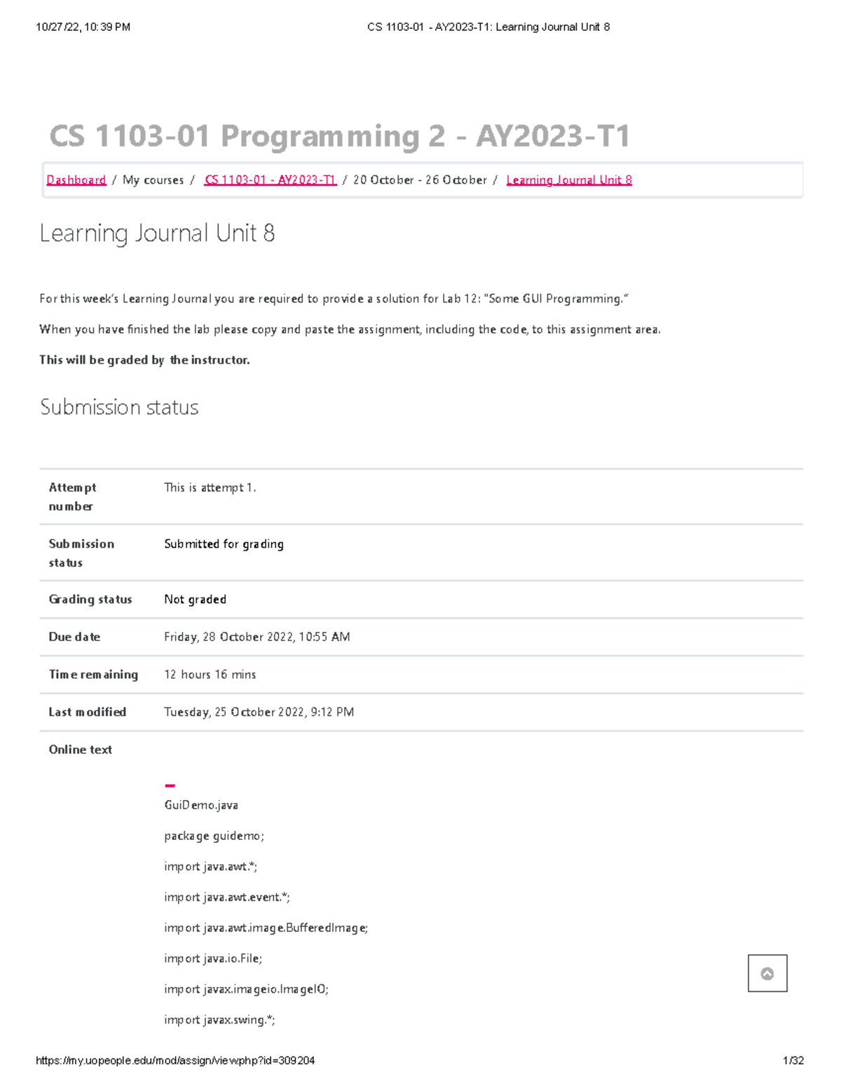 CS 1103-01 - AY2023-T1 Learning Journal Unit 8 - CS 1103-01 Programming 2 - AY2023-T Learning ...
