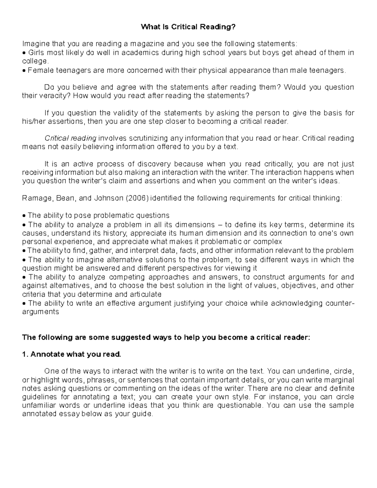 Critical Reading - What Is Critical Reading? Imagine that you are ...