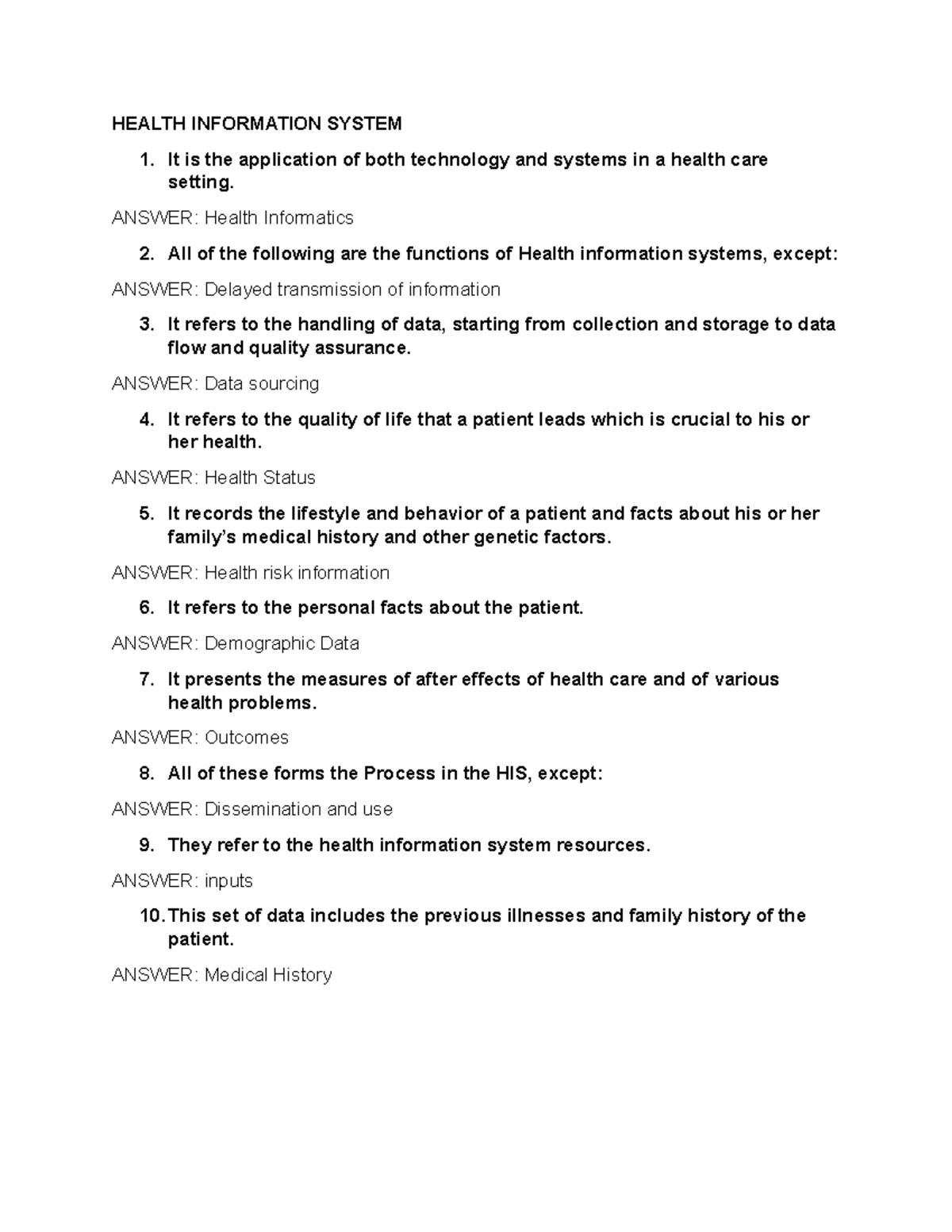 Health Information System ( Review Questions) - HEALTH INFORMATION ...