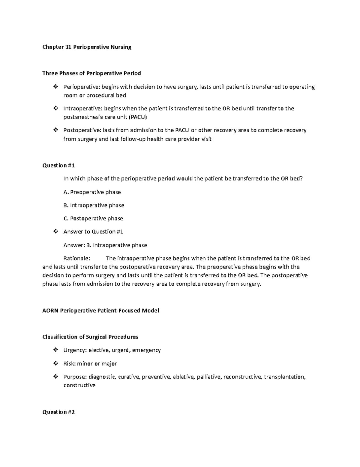 Chapter 31 Perioperative Nursing Notes - Chapter 31 Perioperative ...