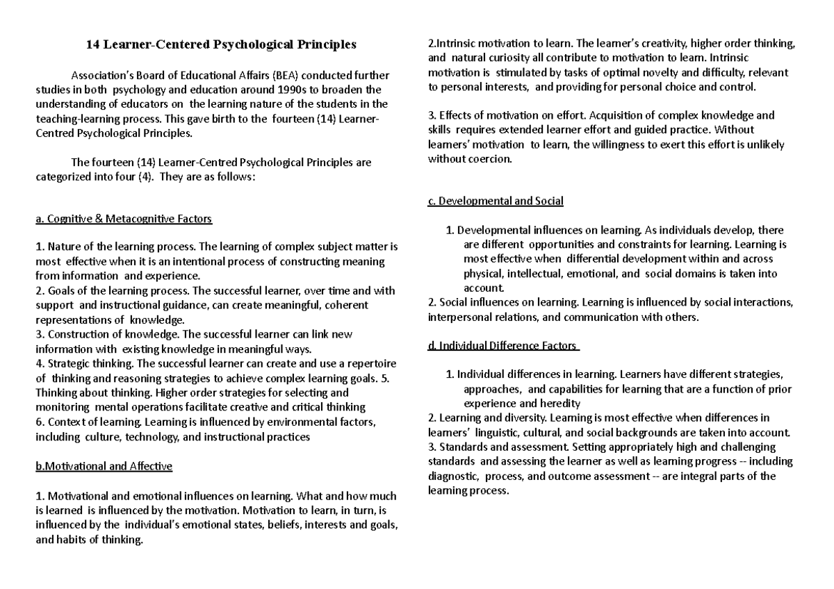 14 learner educ 50 - notes - 14 Learner-Centered Psychological ...