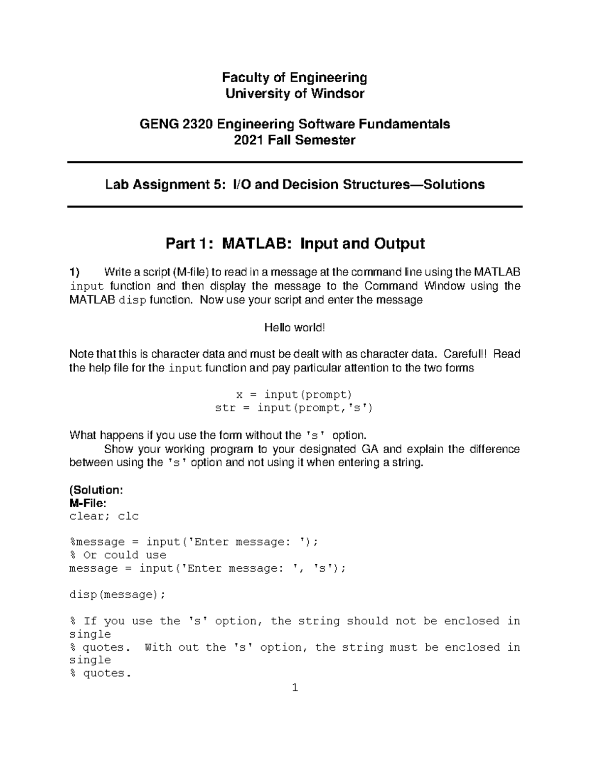 Lab Assignment 05 Solutions - Faculty of Engineering University of Windsor GENG 2320 Engineering ...