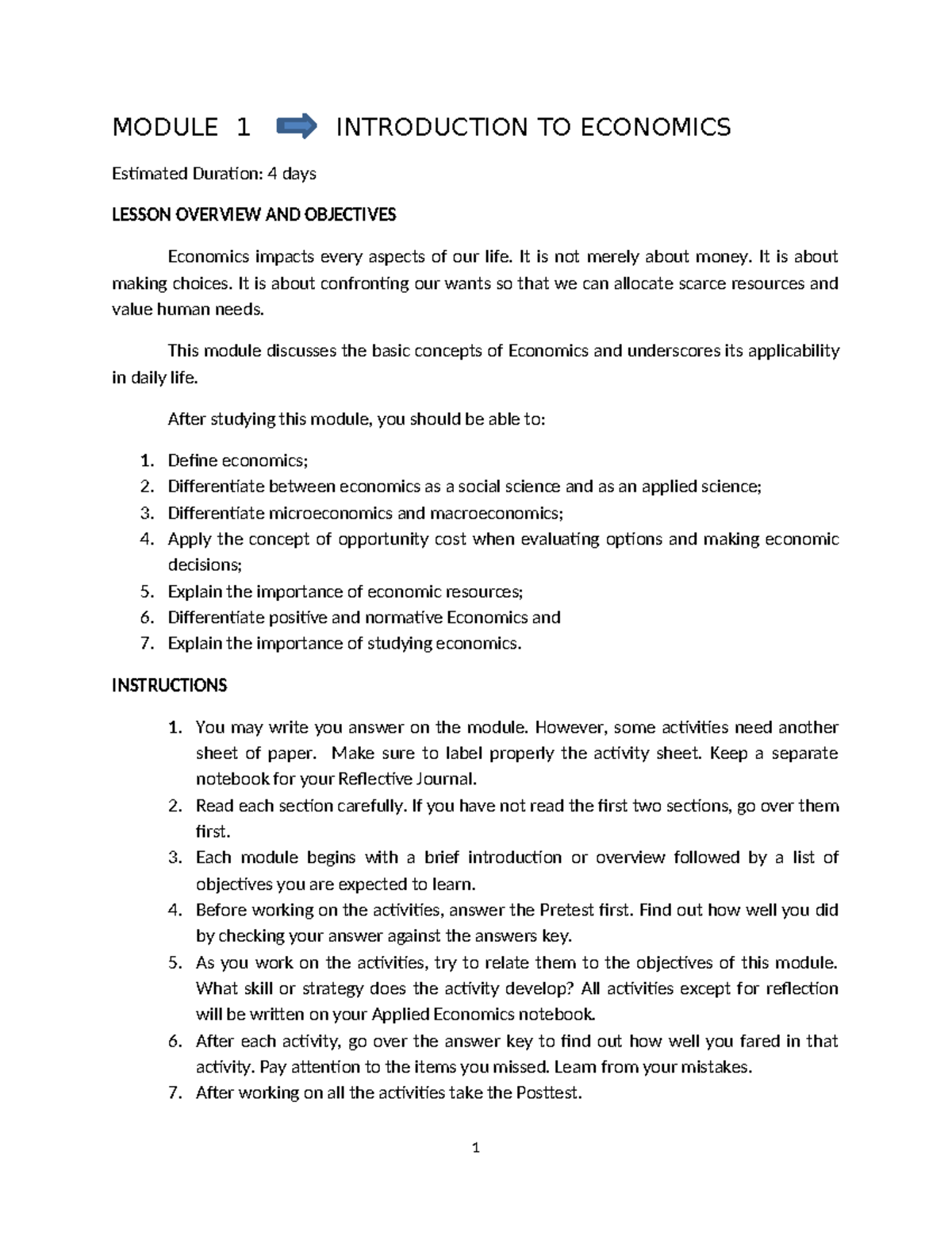 Applied Economics - MODULE 1 INTRODUCTION TO ECONOMICS Estimated ...